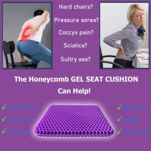 Gel Seat Cushion, Double Thick Gel Cushion for Long Sitting with Non-Slip Cover, Breathable Honeycomb Chair Pads Absorbs Pressure Points for Wheelchair Car Seat Home Office Chairs (16.5x14.5x1.6inch)