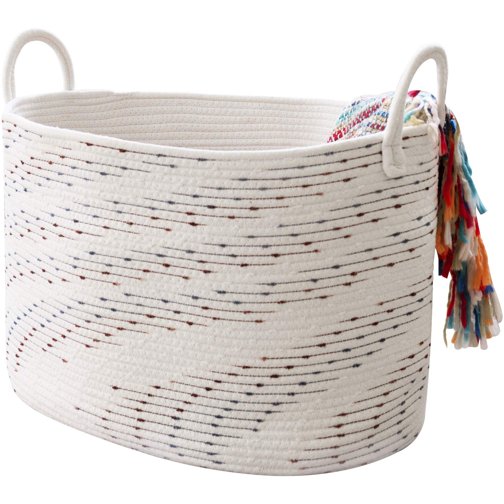 LA JOLIE MUSE Large Cotton Rope Blanket Basket, Soft Woven Laundry Basket for Blankets Toys Yoga Mat, Soft Nursery Storage, 21"(L) x 15"(W) x 13"(H), Oval, Off White with Blue & Brown Dotted Pattern