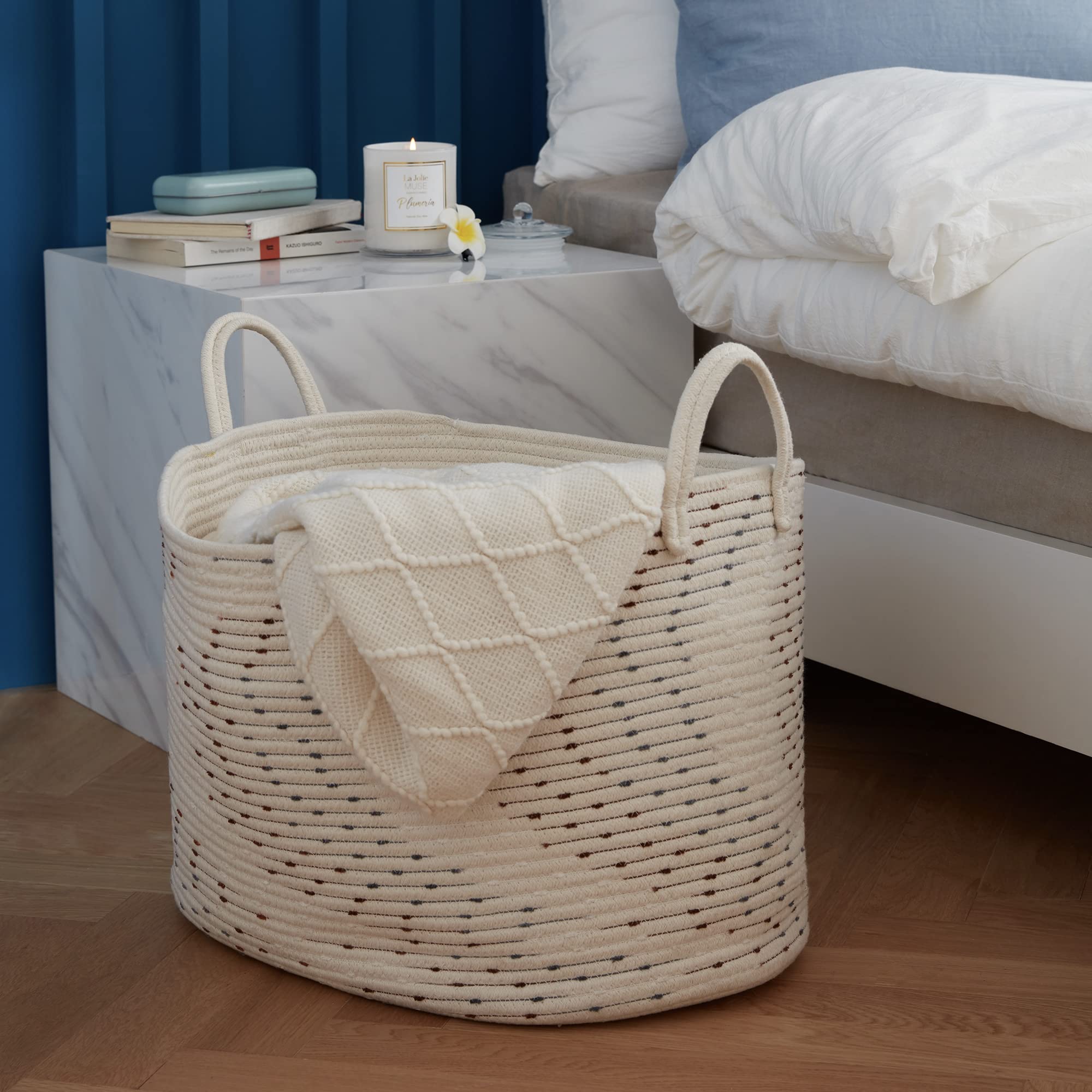 LA JOLIE MUSE Large Cotton Rope Blanket Basket, Soft Woven Laundry Basket for Blankets Toys Yoga Mat, Soft Nursery Storage, 21"(L) x 15"(W) x 13"(H), Oval, Off White with Blue & Brown Dotted Pattern