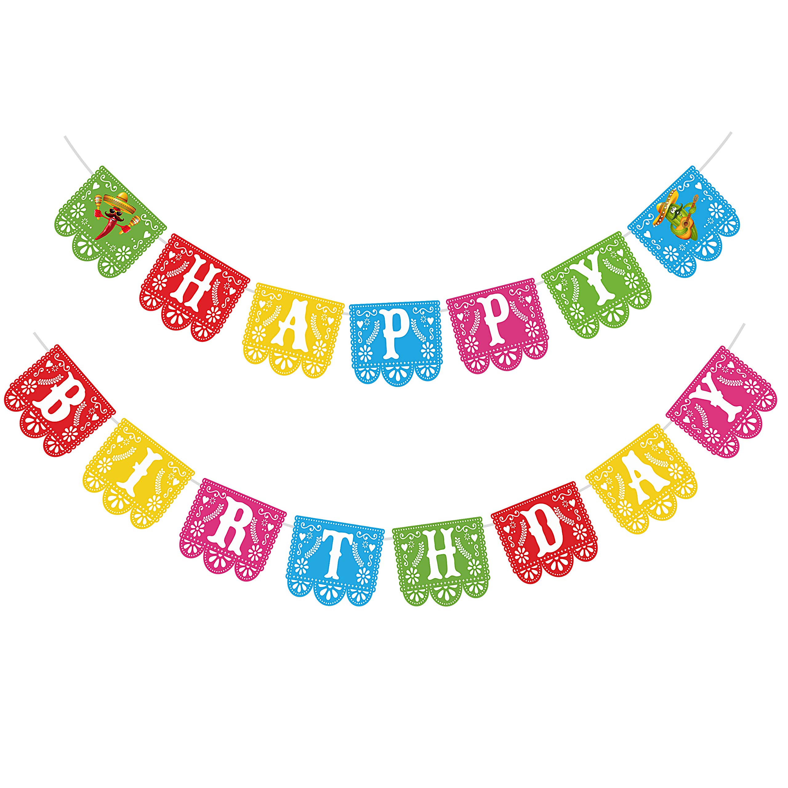 Joy Bang Fiesta Birthday Banner Decorations, Mexican Theme Party Decor, Cinco de Mayo Happy Birthday Banner Papel Picado Garland, Feliz Cumpleaños Banner for Kids Adults, Fiesta Party Favor Supplies