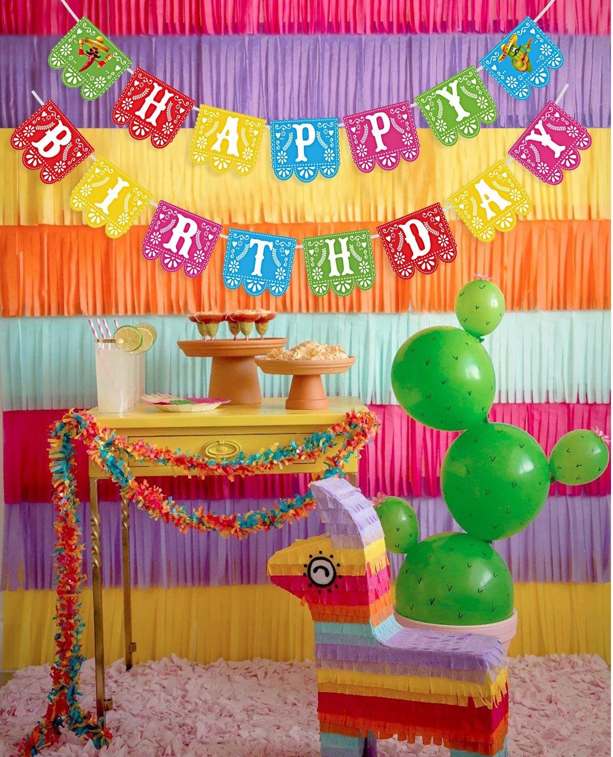 Joy Bang Fiesta Birthday Banner Decorations, Mexican Theme Party Decor, Cinco de Mayo Happy Birthday Banner Papel Picado Garland, Feliz Cumpleaños Banner for Kids Adults, Fiesta Party Favor Supplies