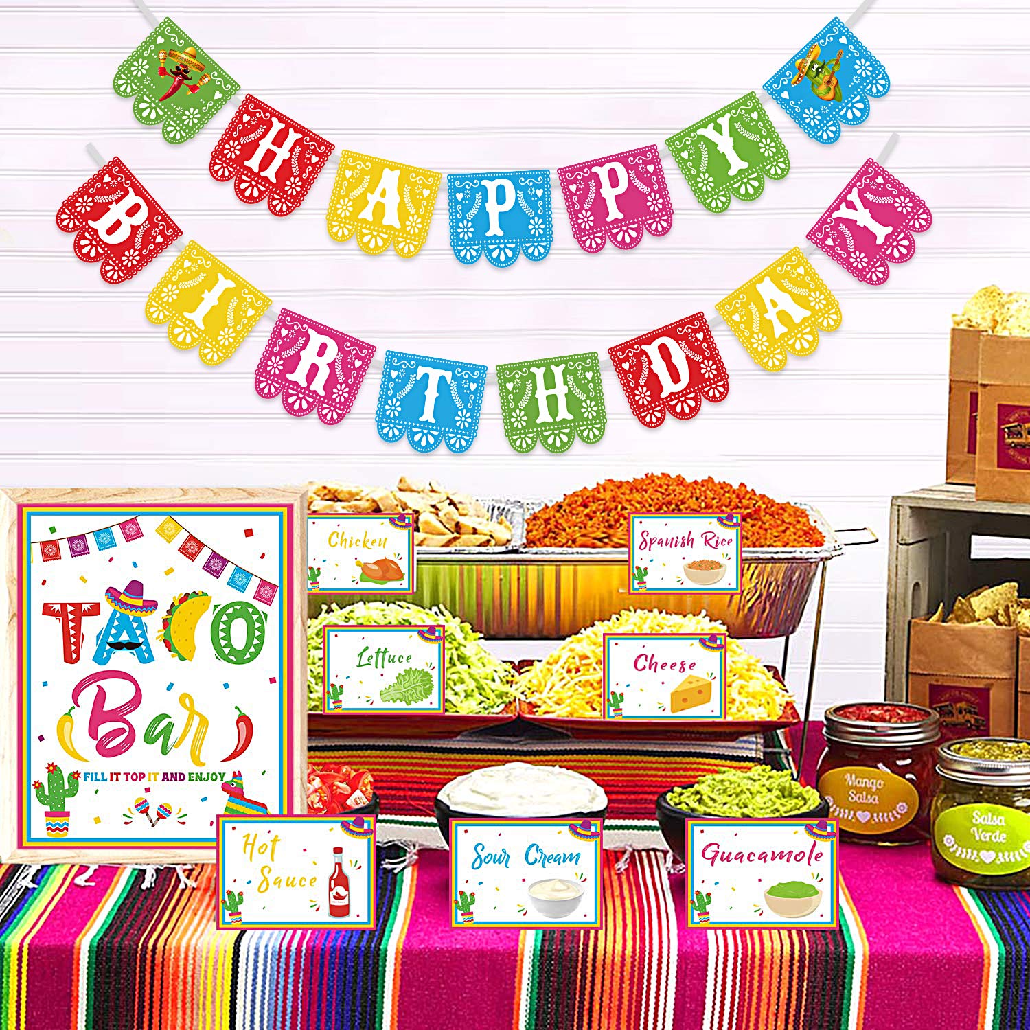 Joy Bang Fiesta Birthday Banner Decorations, Mexican Theme Party Decor, Cinco de Mayo Happy Birthday Banner Papel Picado Garland, Feliz Cumpleaños Banner for Kids Adults, Fiesta Party Favor Supplies