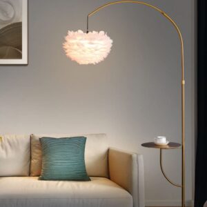 Surpars House White Feather Floor Lamp with Table,Great Floor Light Height Adjustable (Gold)