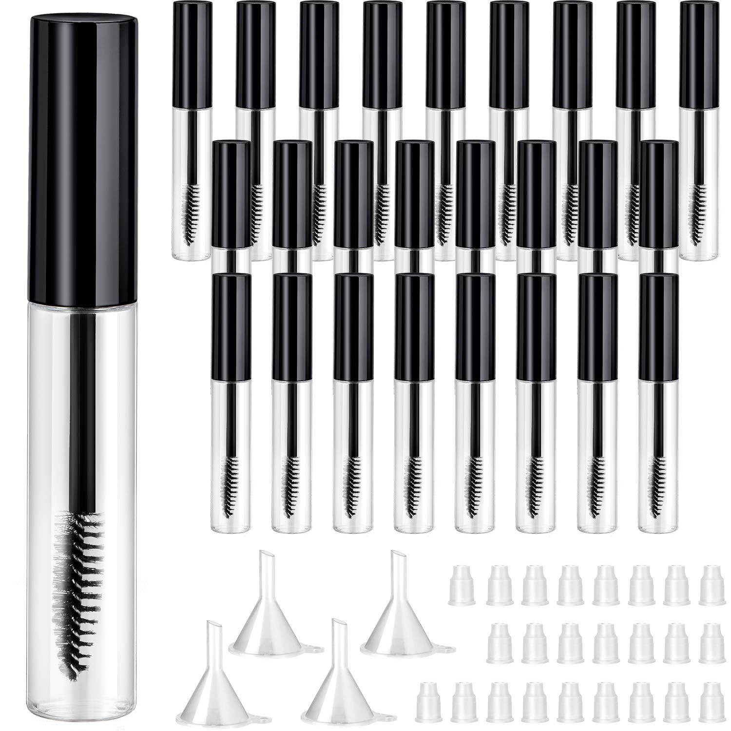 25 Pieces 10 ml Empty Mascara Tubes Wand Empty Eyelash Bottle Clear Refillable Mascara Container with 4 Pieces Funnels Transfer Pipettes for Castor Oil and DIY Cosmetics