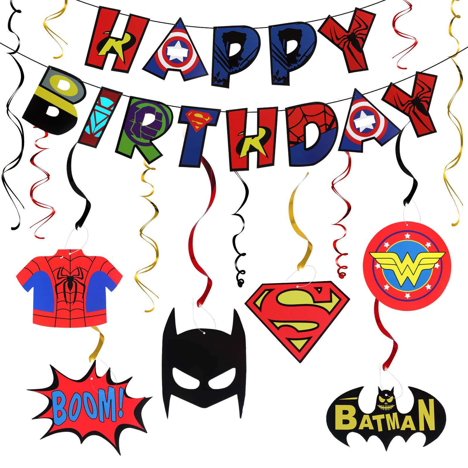 LINGTEER Superhero Decorations Set - Happy Birthday Bunting Banner Superhero Hanging Swirls Streamers Action Sign Perfect for Kids Birthday Party Decorations.