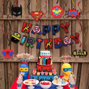 LINGTEER Superhero Decorations Set - Happy Birthday Bunting Banner Superhero Hanging Swirls Streamers Action Sign Perfect for Kids Birthday Party Decorations.