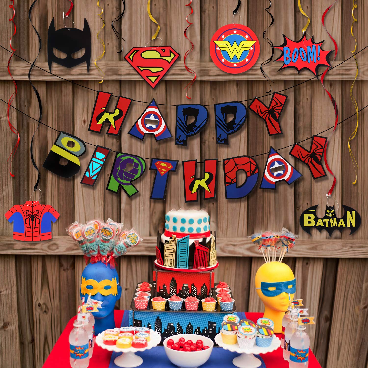 LINGTEER Superhero Decorations Set - Happy Birthday Bunting Banner Superhero Hanging Swirls Streamers Action Sign Perfect for Kids Birthday Party Decorations.