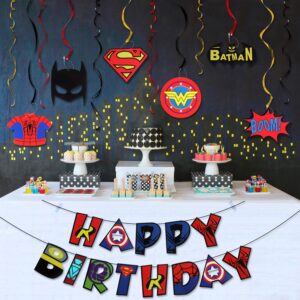 LINGTEER Superhero Decorations Set - Happy Birthday Bunting Banner Superhero Hanging Swirls Streamers Action Sign Perfect for Kids Birthday Party Decorations.