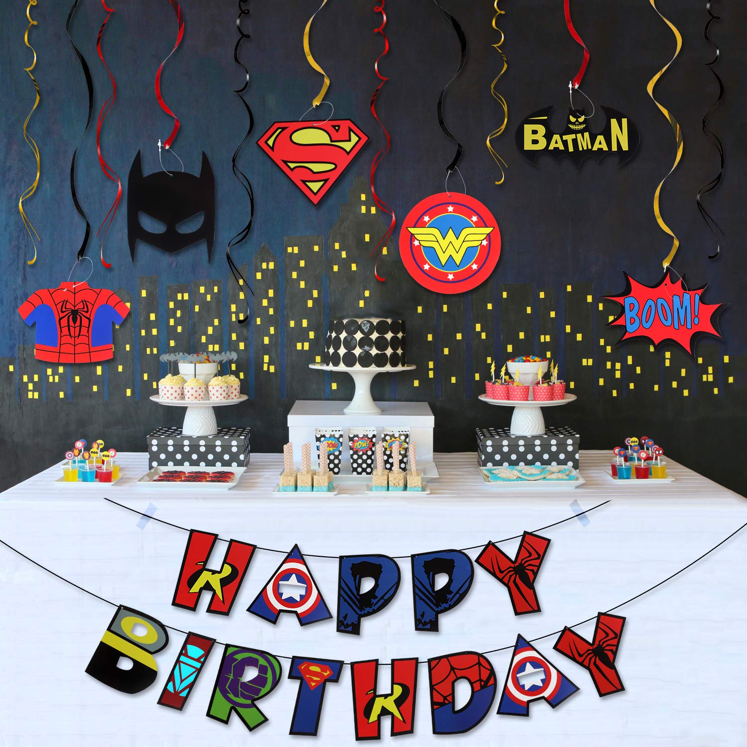 LINGTEER Superhero Decorations Set - Happy Birthday Bunting Banner Superhero Hanging Swirls Streamers Action Sign Perfect for Kids Birthday Party Decorations.