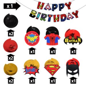 LINGTEER Superhero Decorations Set - Happy Birthday Bunting Banner Superhero Hanging Swirls Streamers Action Sign Perfect for Kids Birthday Party Decorations.