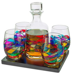 the wine savant artisanal hand painted glassware gift for mom, wife, friend - artisanal barcelona hand paint whiskey & wine decanter set, renaissance romantic stain-glasses- gift multicolor