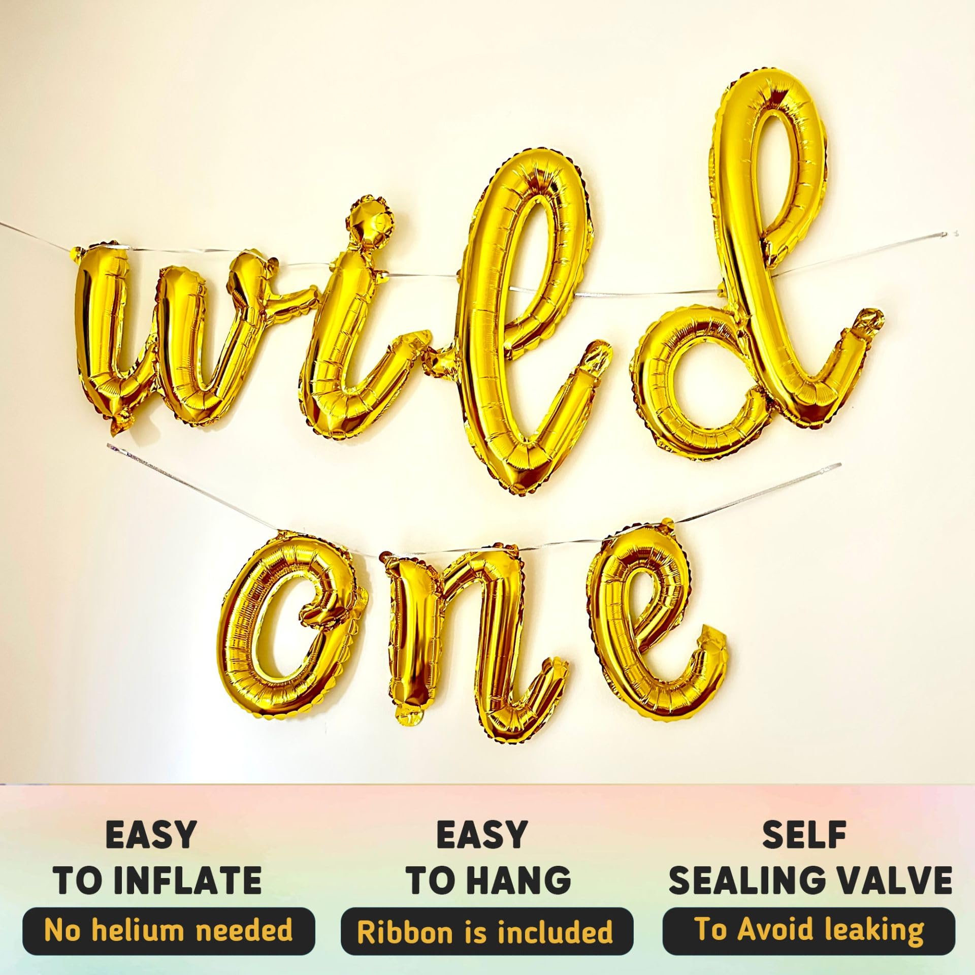 Wild One Cursive Letter Balloons - First Birthday Decorations For A Baby Boy & Baby Girl Party Supplies | Gold Wild One Balloon Sign Banner In Script Letters (Cursive GOLD)