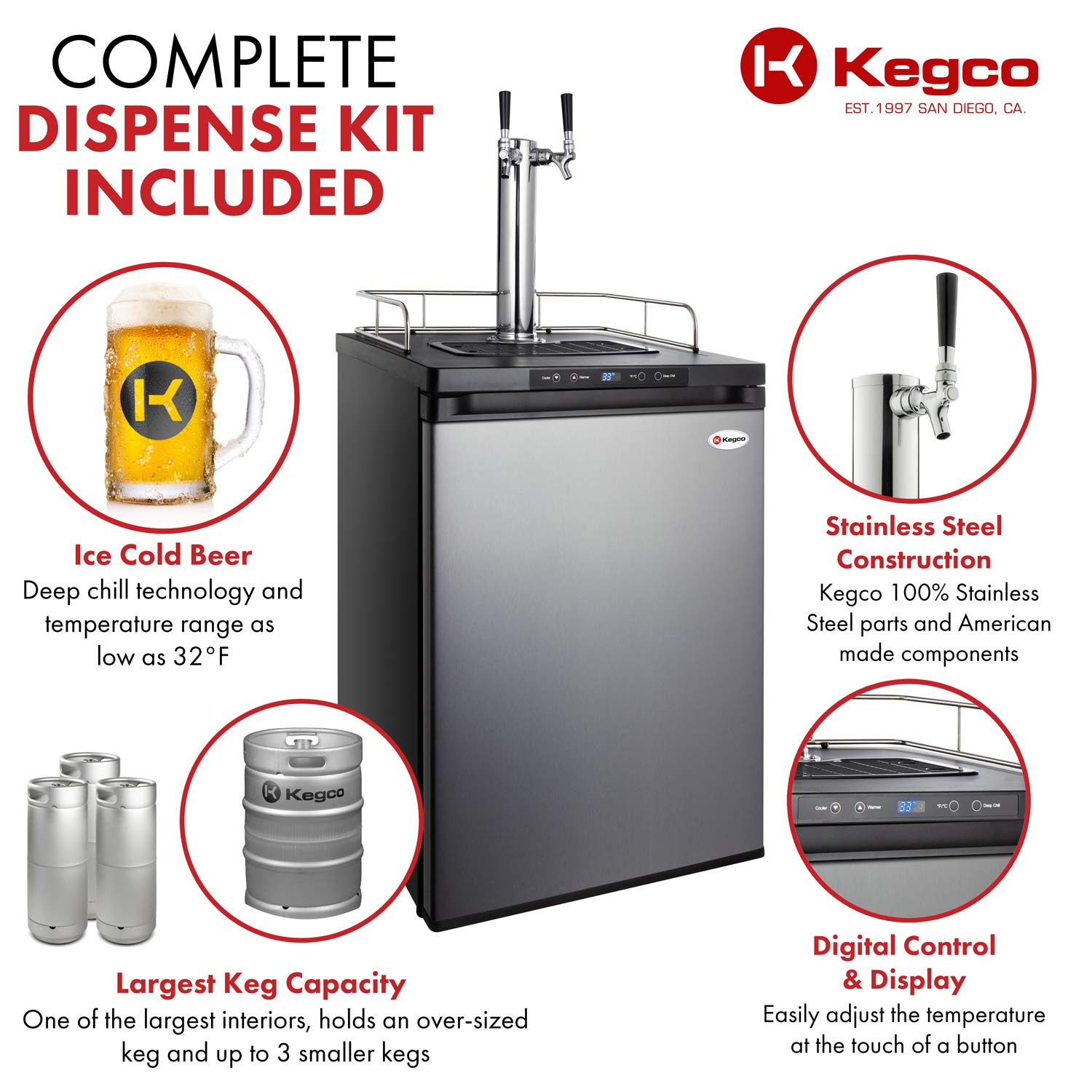 Kegco Kegerator, Dual Tap, Stainless Steel