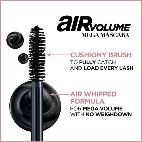 L'Oreal Paris Makeup Air Volume Mega Mascara, Lightweight & Long-lasting Volumizing Mascara for Voluminous Eyelashes, Washable Black Brown, 0.3 Fl Oz