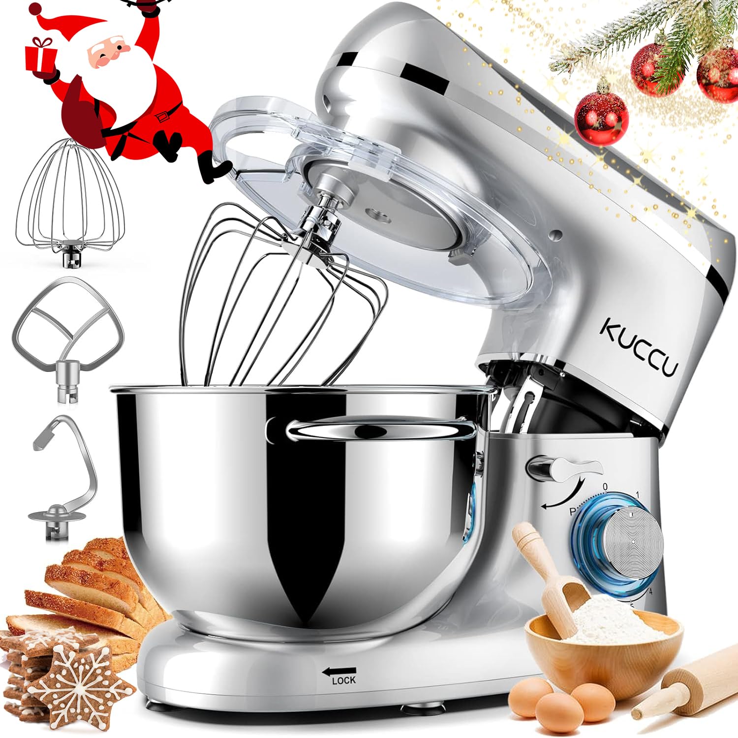 KUCCU Stand Mixer, 6.5 Qt 660W, 6-Speed Tilt-Head Food Dough Mixer, Kitchen Electric Mixer with Stainless Steel Bowl,Dough Hook,Whisk, Beater, Egg white separator (6.5-QT, Silver)