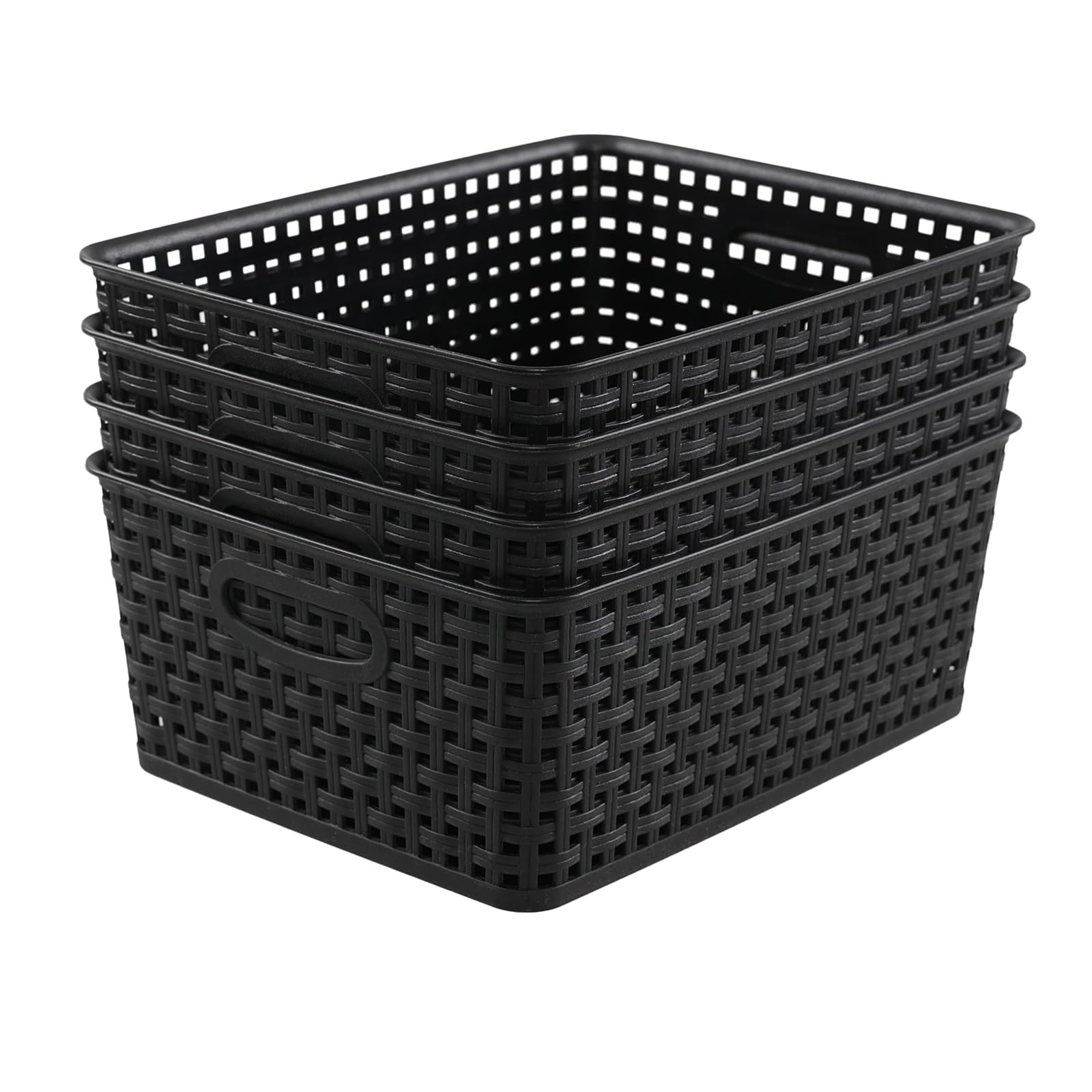 Qqbine Plastic Weave Storage Baskets, Plastic Shelf Basket Bins, Black, 4 Packs