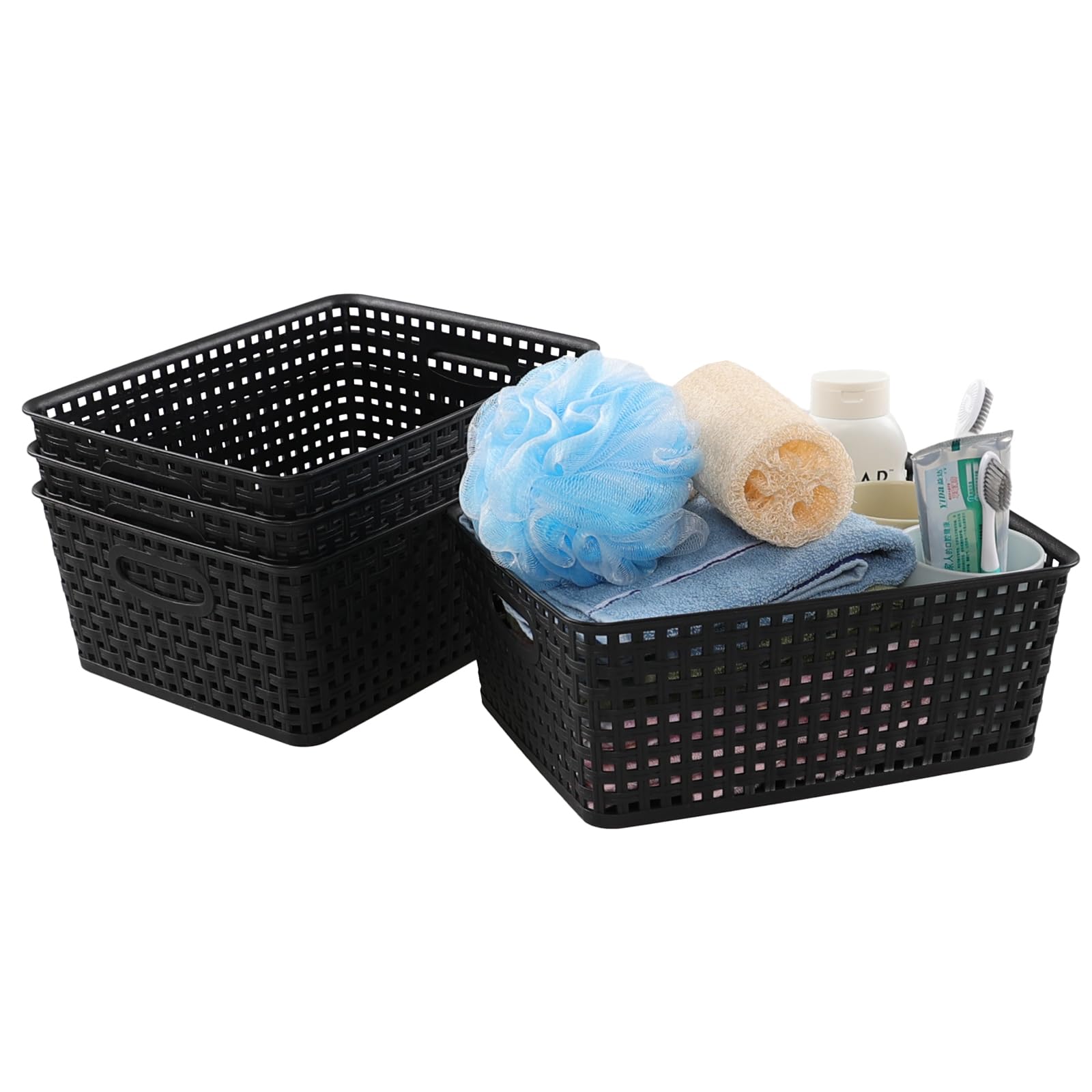 Qqbine Plastic Weave Storage Baskets, Plastic Shelf Basket Bins, Black, 4 Packs