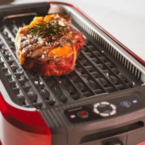 Indoor Smokeless Grill, Techwood 1500W Electric Indoor Grill with Tempered Glass Lid, Portable Non-stick BBQ Korean Grill, Turbo Smoke Extractor Technology, Drip Tray& Double Removable Plate, Red