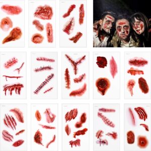 Scar Tattoos Temporary Halloween Makeup Tattoos Body Face Scar Realistic Temporary Zombie Tattoos Fake Bloody Wound for Halloween Cosplay Party Masquerade Costume Makeup Props (30 Sheets)