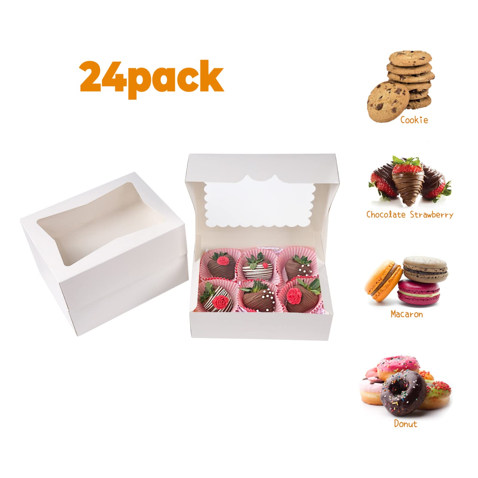 NPLUX Cookie Boxes Bakery Boxes with Window 8x6.5x2.5 Inches Auto-Popup Treat Pastry Boxes for Gift Giving(24pack,White)