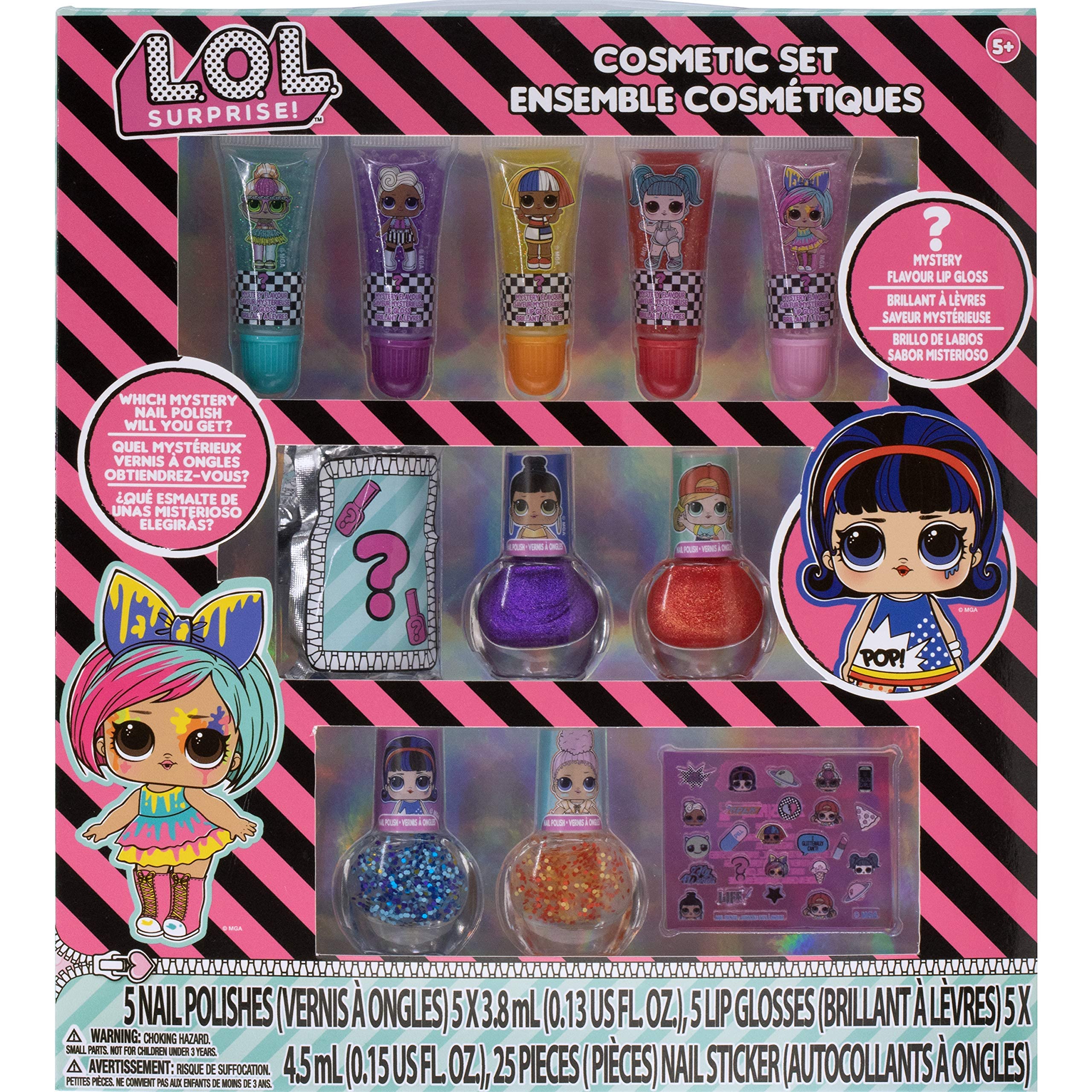 LOL Surprise Townley Girl 11 Pcs Sparkly Cosmetic Makeup Set for Kids Includes 5 Lip Gloss, 5 Nail Polish & Nail Stickers for Girls Tweens, Ages 3+ Perfect for Parties, Sleepovers and Makeovers