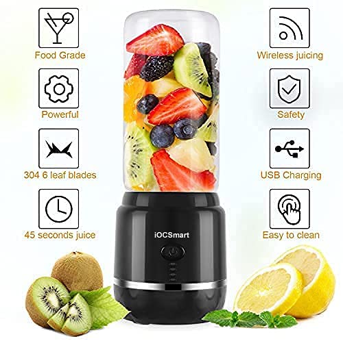 iOCSmart Portable Blender on the go, Mini Juicer Blender for Shakes and Smoothies, Personal Blender USB Rechargeable with 2 Juice Cup (Black)