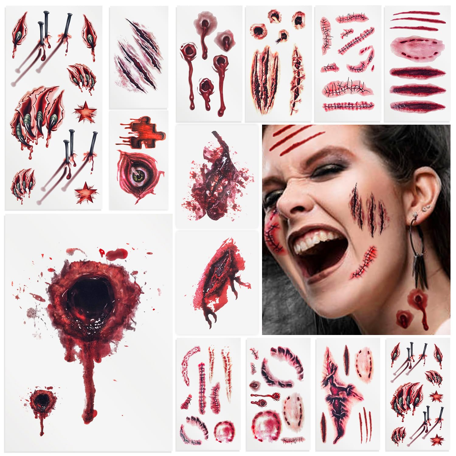 ILEBYGO Halloween Zombie Scars Tattoos,Zombie Makeup, Halloween Temporary Tattoos Fake Scars Makeup Vampire Makeup for Cos Play