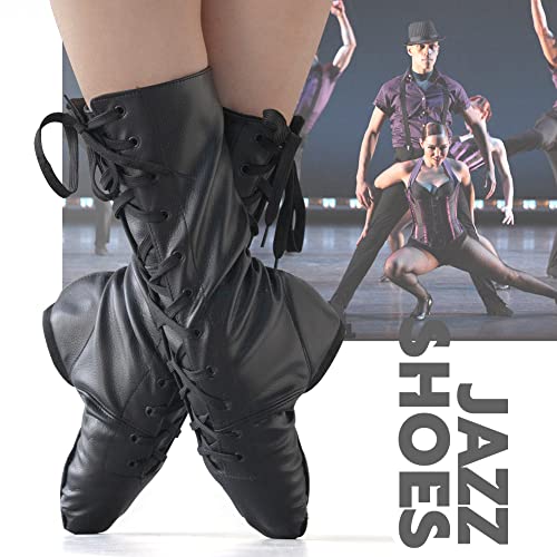 VCIXXVCE Women High-top Jazz Dance Shoes Lace up Black Leather Jazz Teaching Modern Dance Boot,US 8