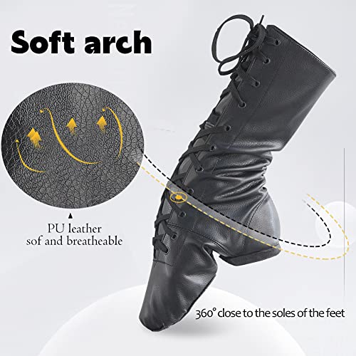 VCIXXVCE Women High-top Jazz Dance Shoes Lace up Black Leather Jazz Teaching Modern Dance Boot,US 8