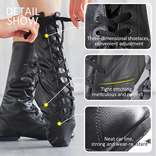 VCIXXVCE Women High-top Jazz Dance Shoes Lace up Black Leather Jazz Teaching Modern Dance Boot,US 8