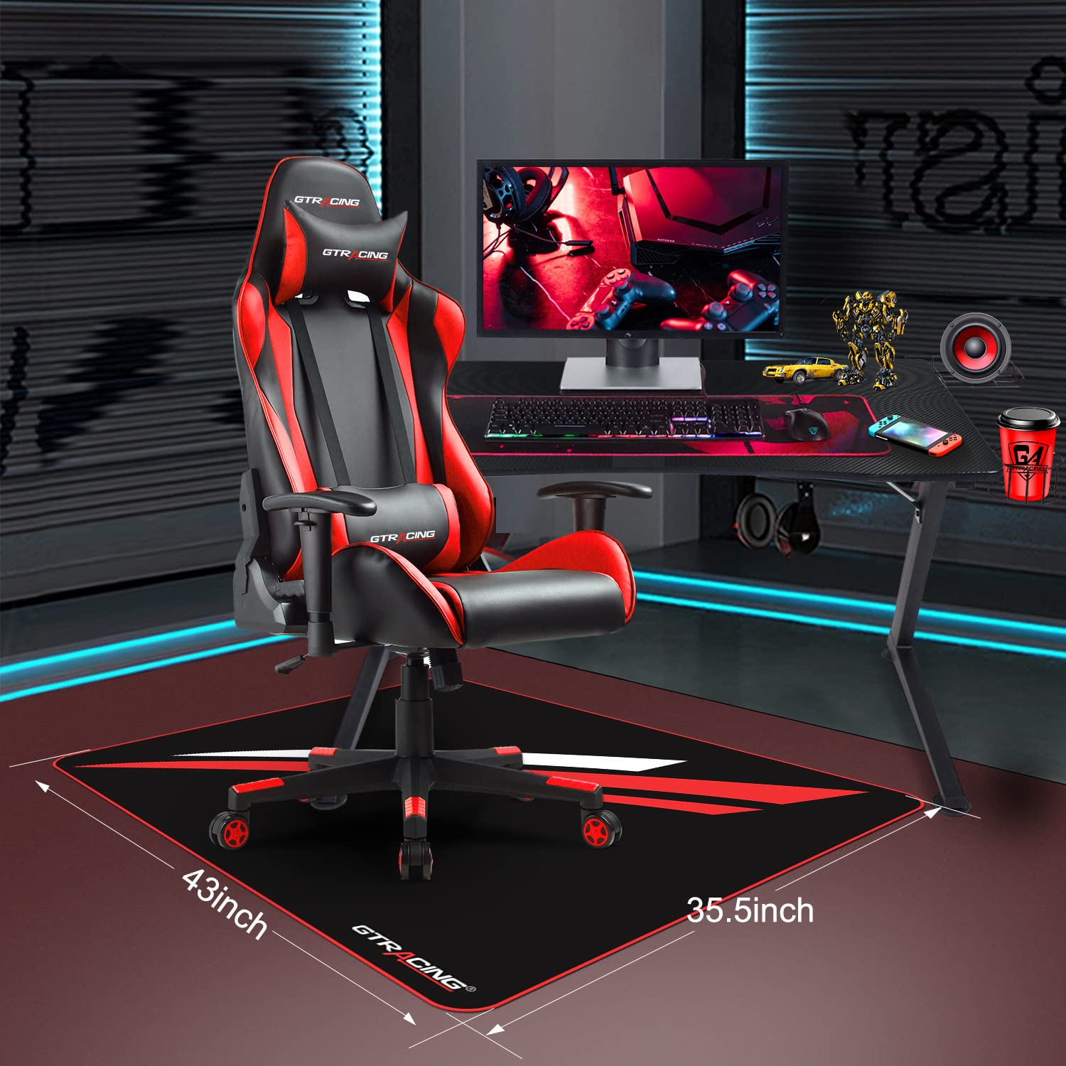 GTRACING Gaming Chair Mat for Hardwood Floor 43 x 35inch Office Computer Gaming Desk Chair Mat for Hard Floor Red