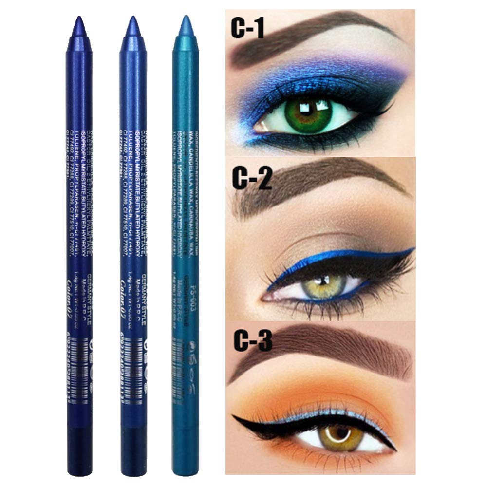 3 PCS Blue Eyeliner Pen Waterproof Matte Eyeliner Pen/Glitter Metallic Eyeliner Pencil Shimmer Highlighter Eye Liner for Women,Eye Shadow Pencil, Lip Liner Professional Makeup Set (C)