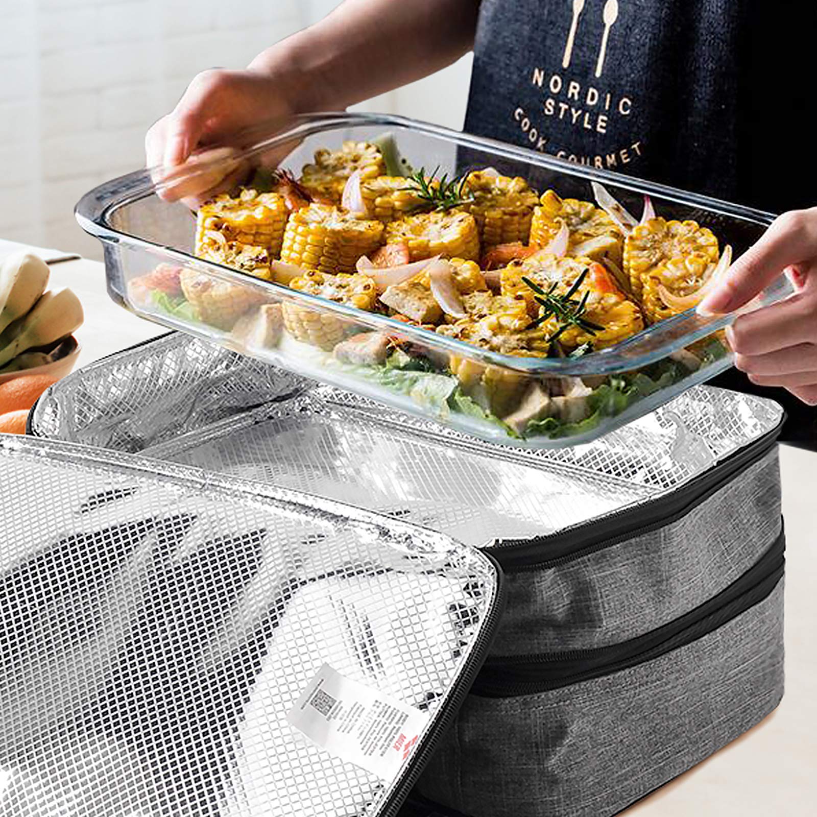 MIER Insulated Double Casserole Carrier Thermal Lunch Tote for Potluck Parties, Picnic, Beach, Fits 9 x 13 Inches Casserole Dish, Expandable by Mid Zipper, Gray