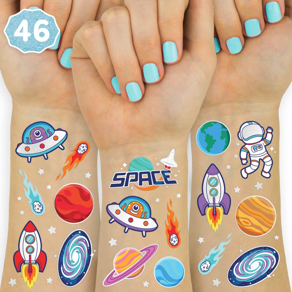 xo, Fetti Space + Planets Temporary Tattoos for Kids - 46 Glitter styles | Alien Birthday Party Supplies, Astronaut Favors + Rocketship Decorations