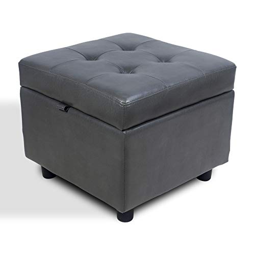 H&B Luxuries Tufted Leather Square Flip Top Storage Ottoman Cube Foot Rest (Grey with Storage)