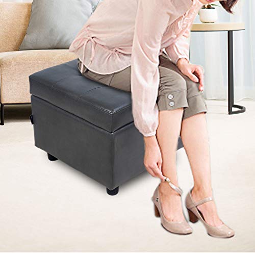 H&B Luxuries Tufted Leather Square Flip Top Storage Ottoman Cube Foot Rest (Grey with Storage)