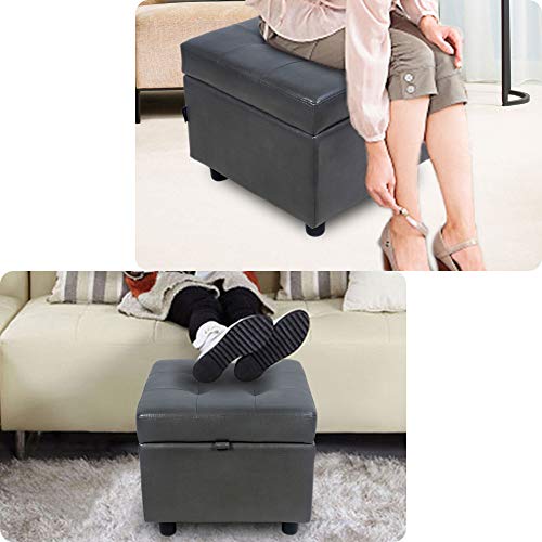 H&B Luxuries Tufted Leather Square Flip Top Storage Ottoman Cube Foot Rest (Grey with Storage)