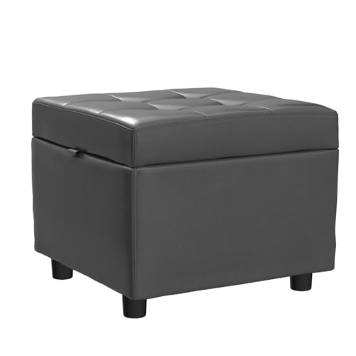 H&B Luxuries Tufted Leather Square Flip Top Storage Ottoman Cube Foot Rest (Grey with Storage)