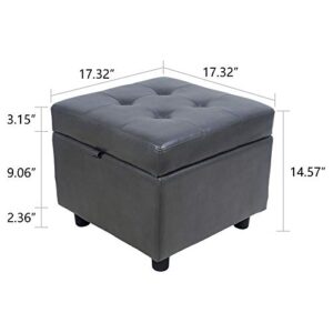 H&B Luxuries Tufted Leather Square Flip Top Storage Ottoman Cube Foot Rest (Grey with Storage)