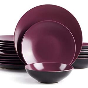 HomeVss Stoneware Two-Tone Colors Life 18pc Dinner Set，Outside Shiny Black + Inside Matte Glaze Plum