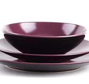 HomeVss Stoneware Two-Tone Colors Life 18pc Dinner Set，Outside Shiny Black + Inside Matte Glaze Plum