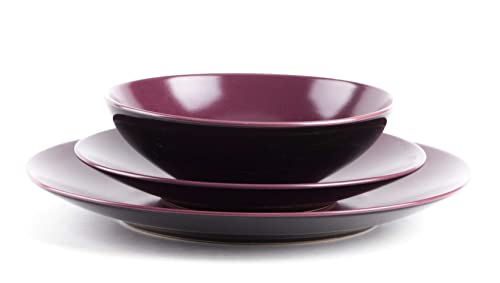 HomeVss Stoneware Two-Tone Colors Life 18pc Dinner Set，Outside Shiny Black + Inside Matte Glaze Plum