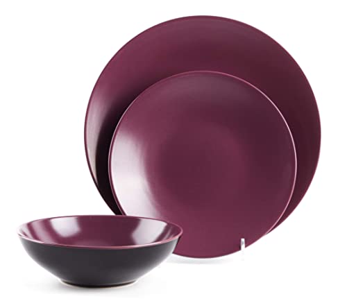 HomeVss Stoneware Two-Tone Colors Life 18pc Dinner Set，Outside Shiny Black + Inside Matte Glaze Plum