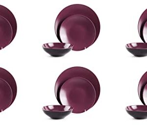 HomeVss Stoneware Two-Tone Colors Life 18pc Dinner Set，Outside Shiny Black + Inside Matte Glaze Plum