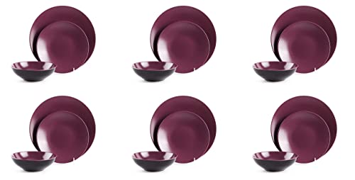 HomeVss Stoneware Two-Tone Colors Life 18pc Dinner Set，Outside Shiny Black + Inside Matte Glaze Plum