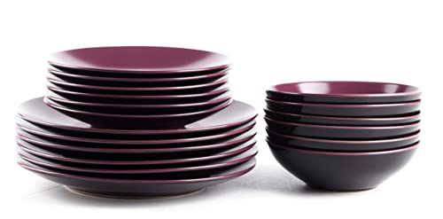 HomeVss Stoneware Two-Tone Colors Life 18pc Dinner Set，Outside Shiny Black + Inside Matte Glaze Plum