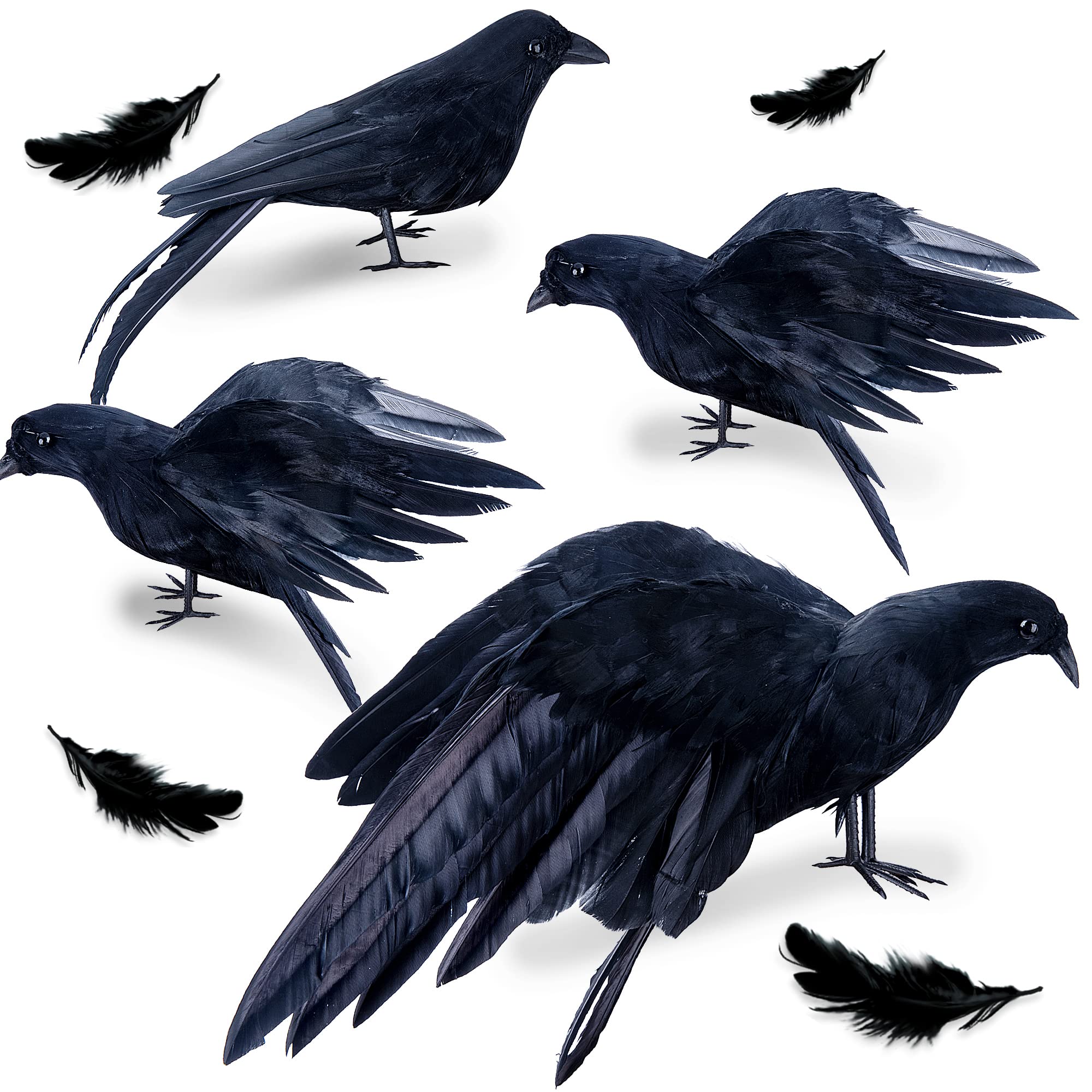 4Pack Realistic Black Feathered Crow Bird - 13" Halloween Artificial Handmade Feathered Crows and 6" Halloween Lifelike Raven for Halloween Costume Party Outdoor Indoor Decor (Assembly Required)