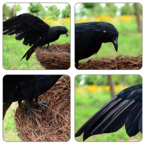 4Pack Realistic Black Feathered Crow Bird - 13" Halloween Artificial Handmade Feathered Crows and 6" Halloween Lifelike Raven for Halloween Costume Party Outdoor Indoor Decor (Assembly Required)