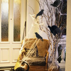 4Pack Realistic Black Feathered Crow Bird - 13" Halloween Artificial Handmade Feathered Crows and 6" Halloween Lifelike Raven for Halloween Costume Party Outdoor Indoor Decor (Assembly Required)