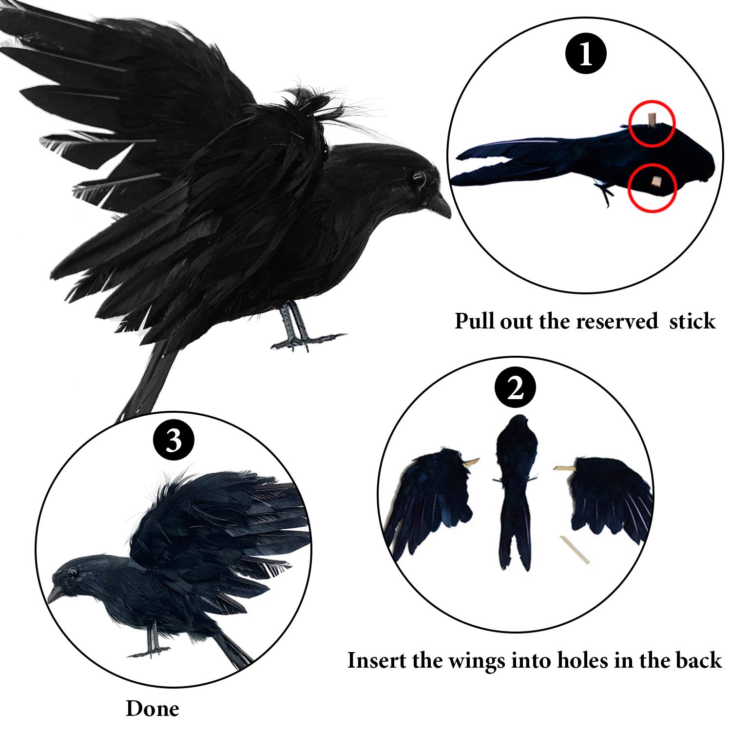 4Pack Realistic Black Feathered Crow Bird - 13" Halloween Artificial Handmade Feathered Crows and 6" Halloween Lifelike Raven for Halloween Costume Party Outdoor Indoor Decor (Assembly Required)